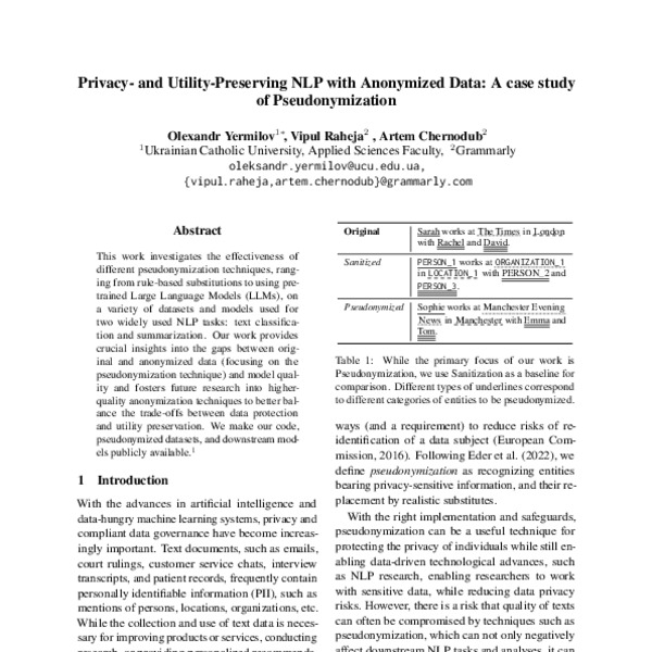 Privacy- and Utility-Preserving NLP with Anonymized data: A case study of Pseudonymization - ACL ...