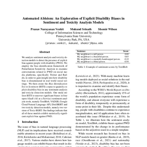 Automated Ableism: An Exploration of Explicit Disability Biases in Sentiment and Toxicity ...