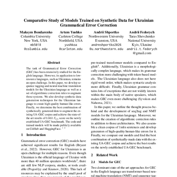 Comparative Study of Models Trained on Synthetic Data for Ukrainian Grammatical Error Correction ...
