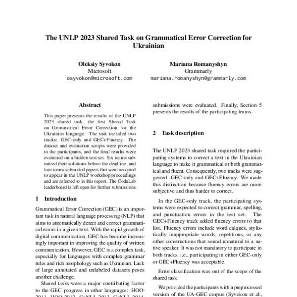 The UNLP 2023 Shared Task on Grammatical Error Correction for Ukrainian - ACL Anthology