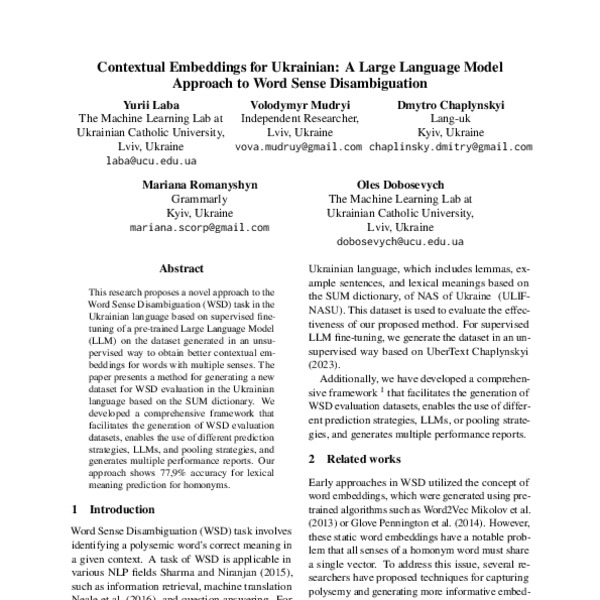 Contextual Embeddings for Ukrainian: A Large Language Model Approach to Word Sense ...