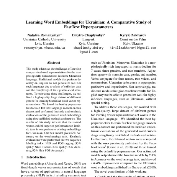Learning Word Embeddings for Ukrainian: A Comparative Study of FastText Hyperparameters - ACL ...