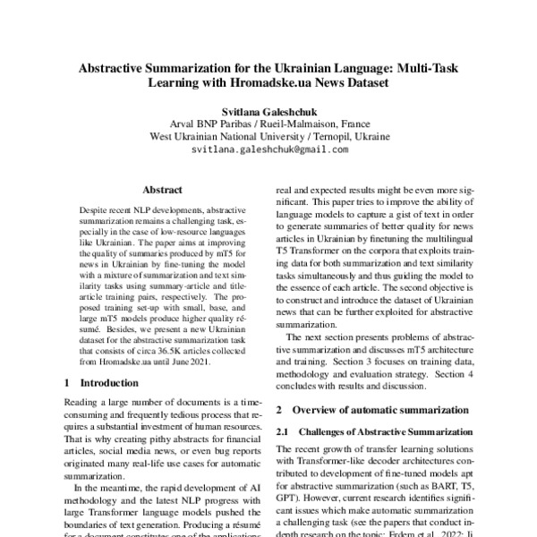 Abstractive Summarization for the Ukrainian Language: Multi-Task ...