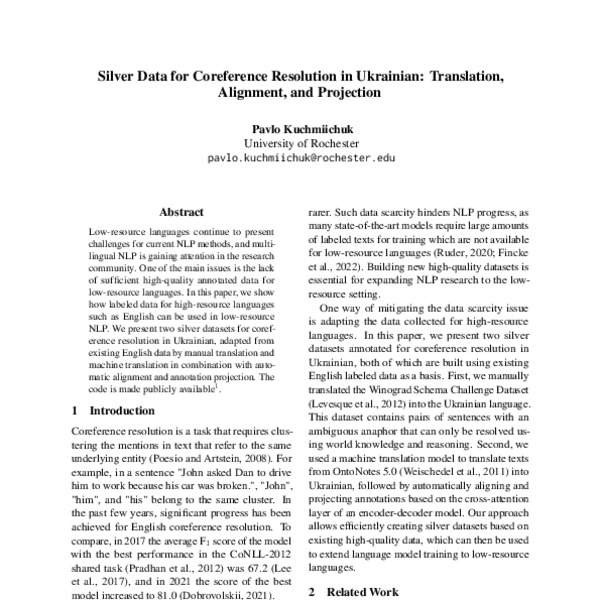 Silver Data for Coreference Resolution in Ukrainian: Translation, Alignment, and Projection ...