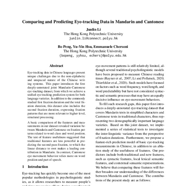 Comparing and Predicting Eye-tracking Data of Mandarin and Cantonese - ACL Anthology