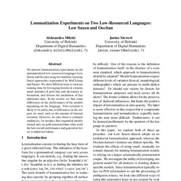Lemmatization Experiments on Two Low-Resourced Languages: Low Saxon and ...