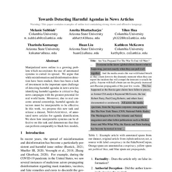 Towards Detecting Harmful Agendas in News Articles - ACL Anthology