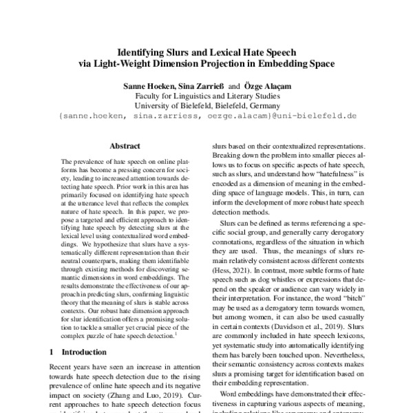 Identifying Slurs and Lexical Hate Speech via Light-Weight Dimension Projection in Embedding ...