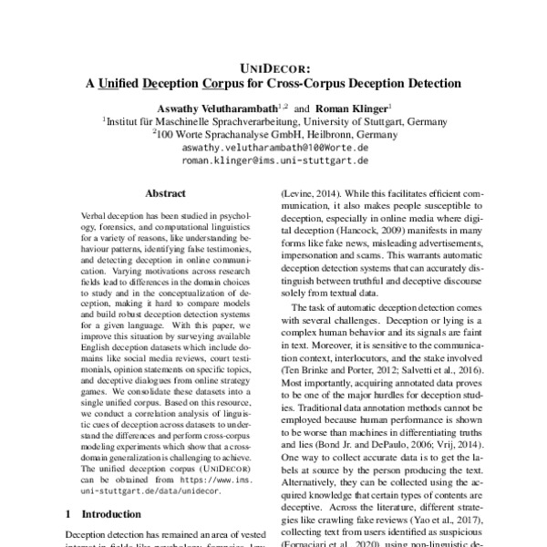 Unidecor A Unified Deception Corpus For Cross Corpus Deception