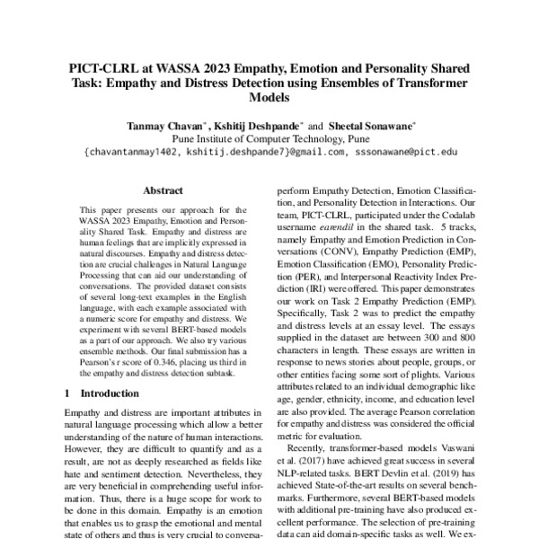 PICT-CLRL at WASSA 2023 Empathy, Emotion and Personality Shared Task: Empathy and Distress ...