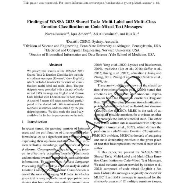 [RETRACTED] Findings of WASSA 2023 Shared Task: Multi-Label and Multi-Class Emotion ...