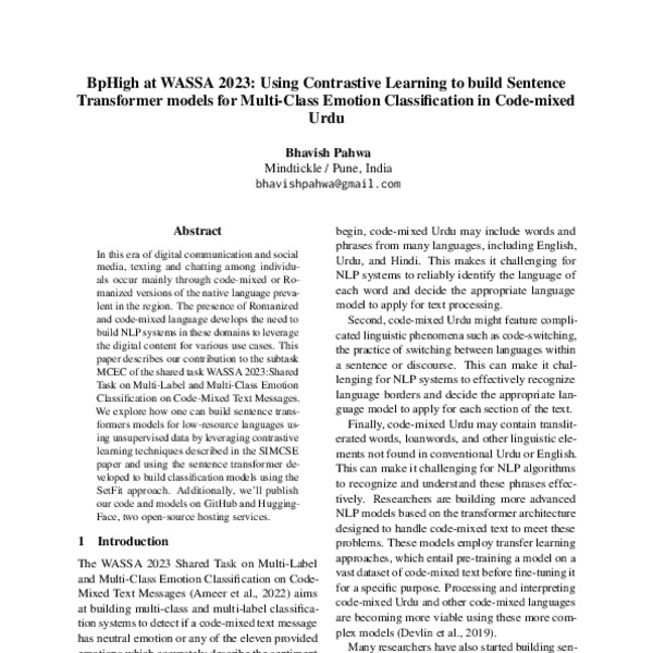BpHigh at WASSA 2023: Using Contrastive Learning to build Sentence Transformer models for Multi ...