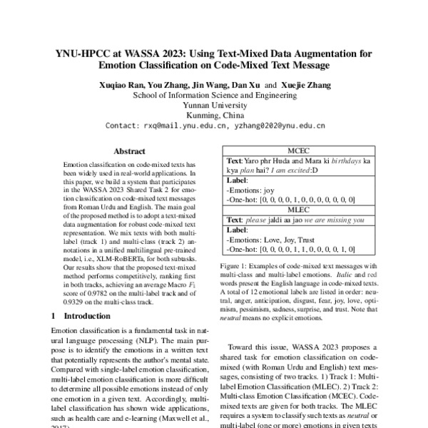 YNU-HPCC at WASSA 2023: Using Text-Mixed Data Augmentation for Emotion Classification on Code ...