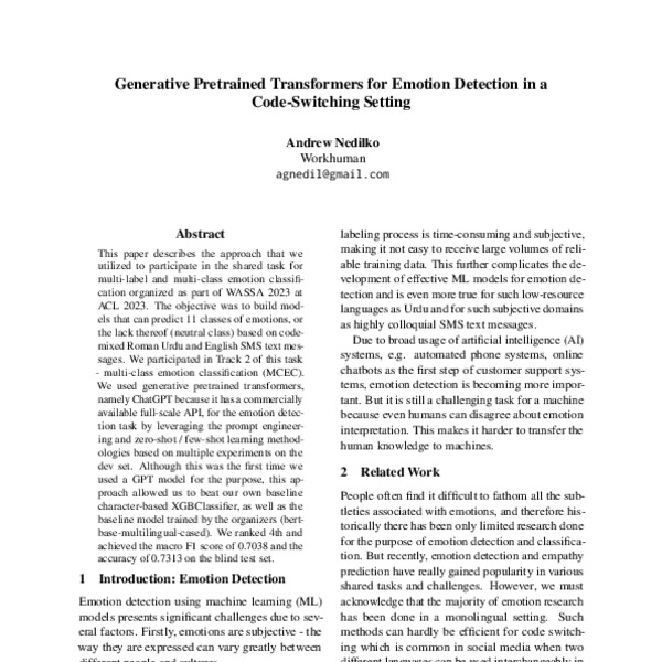 Generative Pretrained Transformers for Emotion Detection in a Code-Switching Setting - ACL Anthology