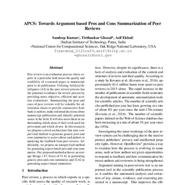 Apcs Towards Argument Based Pros And Cons Summarization Of Peer Reviews Acl Anthology