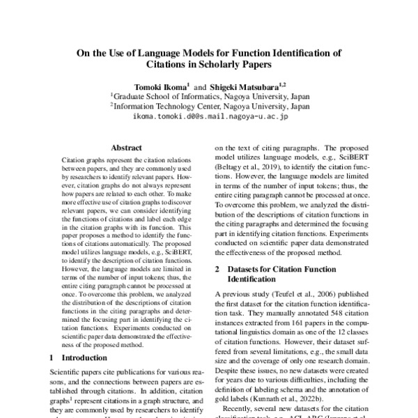 On The Use Of Language Models For Function Identification Of Citations