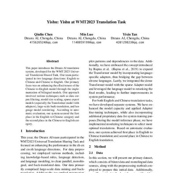 Yishu: Yishu at WMT2023 Translation Task - ACL Anthology
