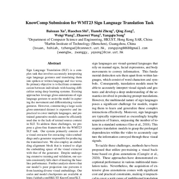 KnowComp Submission for WMT23 Sign Language Translation Task - ACL ...