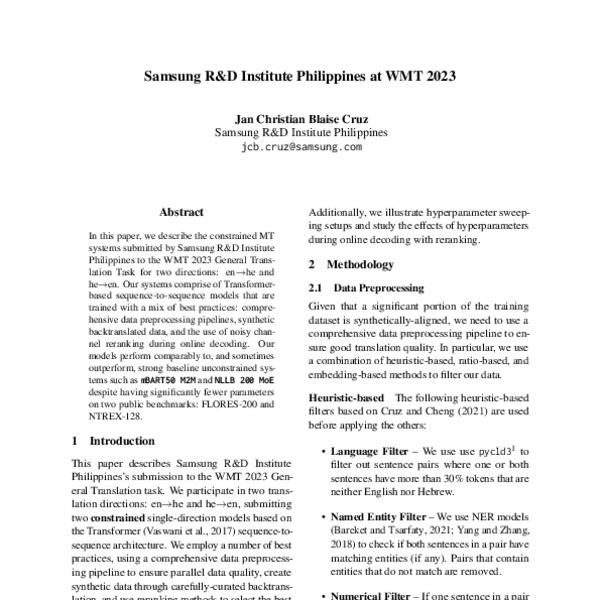 Samsung R&D Institute Philippines at WMT 2023 - ACL Anthology