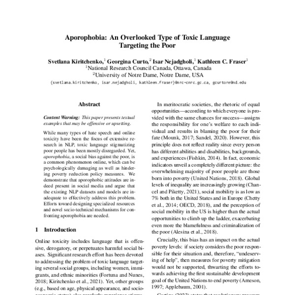 Aporophobia: An Overlooked Type of Toxic Language Targeting the Poor ...