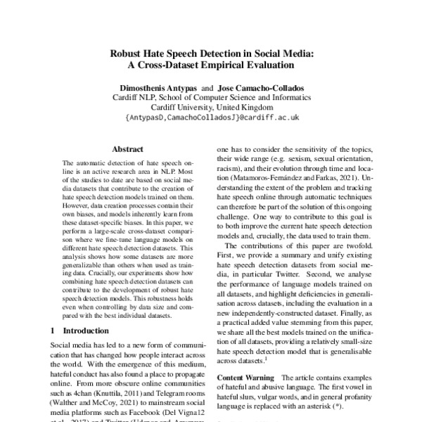 Robust Hate Speech Detection In Social Media A Cross Dataset Empirical Evaluation Acl Anthology