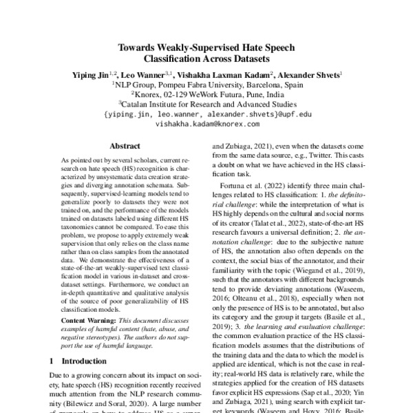Towards Weakly-Supervised Hate Speech Classification Across Datasets - ACL Anthology