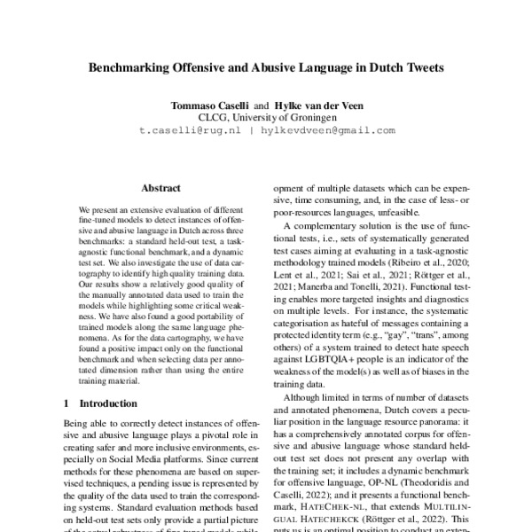 Benchmarking Offensive and Abusive Language in Dutch Tweets - ACL Anthology