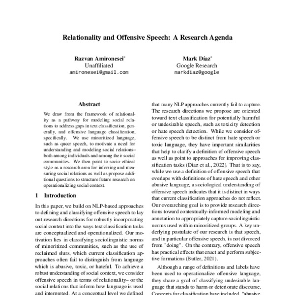 Relationality and Offensive Speech: A Research Agenda - ACL Anthology