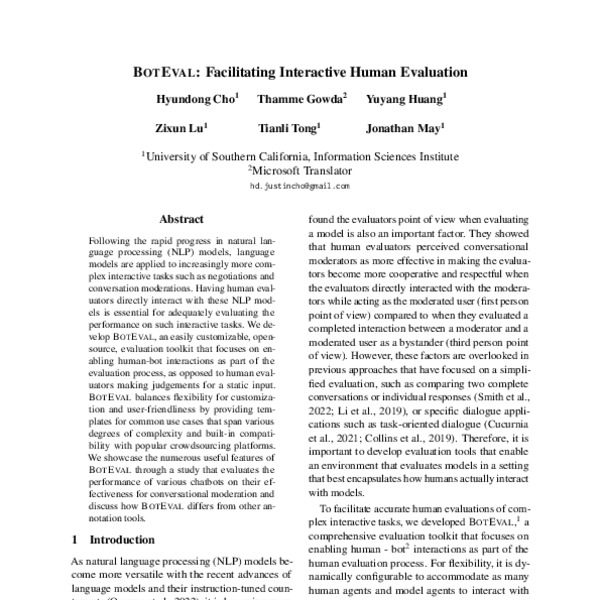Boteval Facilitating Interactive Human Evaluation Acl Anthology 