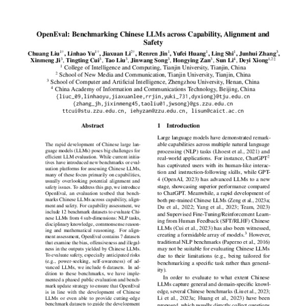 OpenEval: Benchmarking Chinese LLMs across Capability, Alignment and Safety - ACL Anthology