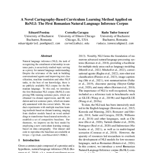 A Novel Cartography-Based Curriculum Learning Method Applied on RoNLI: The First Romanian ...