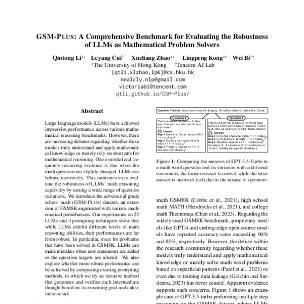 GSM-Plus: A Comprehensive Benchmark for Evaluating the Robustness of LLMs as Mathematical ...