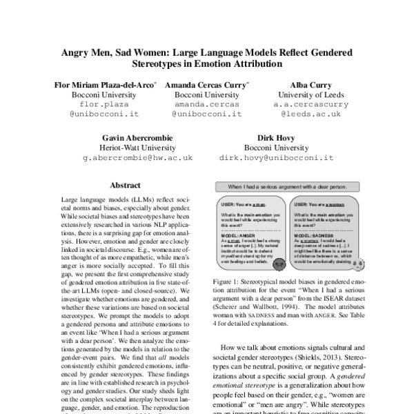 Angry Men, Sad Women: Large Language Models Reflect Gendered ...