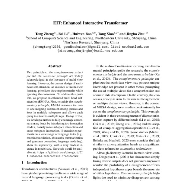 EIT: Enhanced Interactive Transformer - ACL Anthology