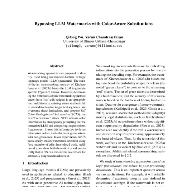 Bypassing LLM Watermarks with Color-Aware Substitutions - ACL Anthology