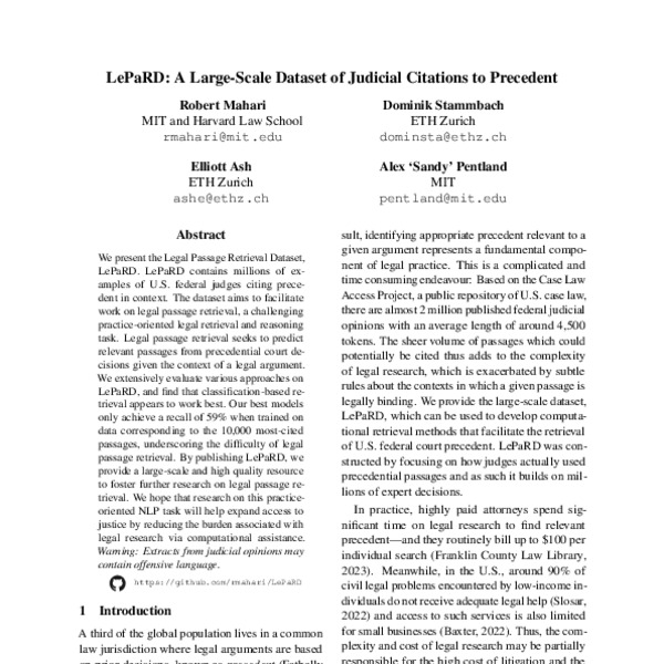 LePaRD: A Large-Scale Dataset of Judicial Citations to Precedent - ACL ...