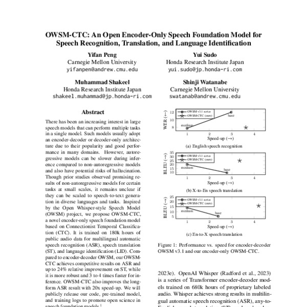 OWSM-CTC: An Open Encoder-Only Speech Foundation Model for Speech Recognition, Translation, and ...