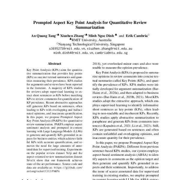 Prompted Aspect Key Point Analysis for Quantitative Review Summarization - ACL Anthology