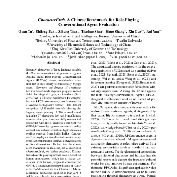 CharacterEval: A Chinese Benchmark for Role-Playing Conversational ...