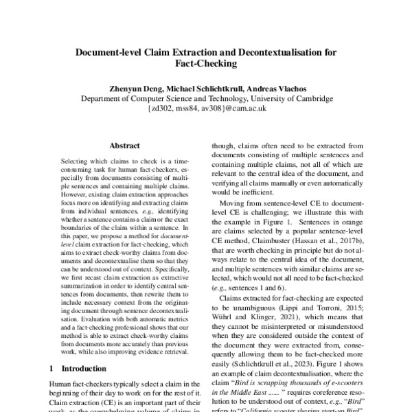 Document Level Claim Extraction And Decontextualisation For Fact Checking Acl Anthology