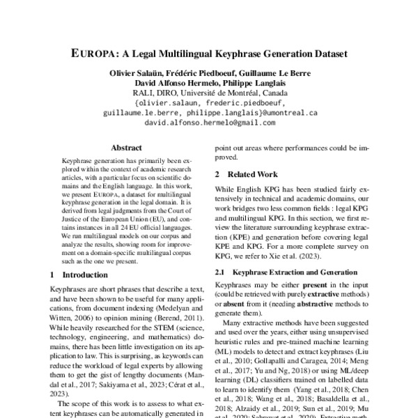 EUROPA: A Legal Multilingual Keyphrase Generation Dataset - ACL Anthology