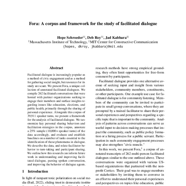 Fora: A corpus and framework for the study of facilitated dialogue ...