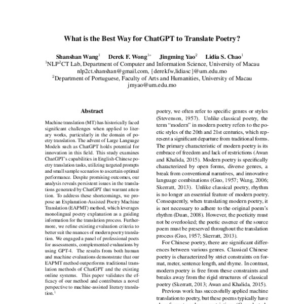 What is the Best Way for ChatGPT to Translate Poetry? - ACL Anthology