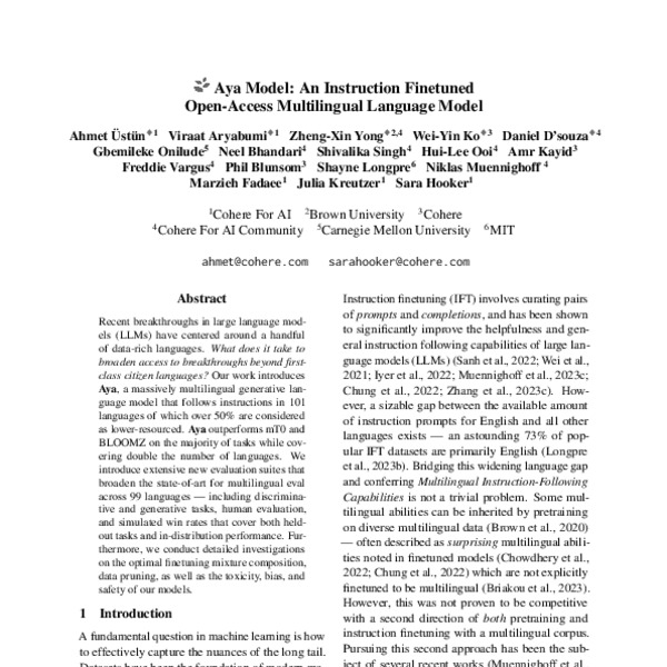 Aya Model: An Instruction Finetuned Open-Access Multilingual Language ...