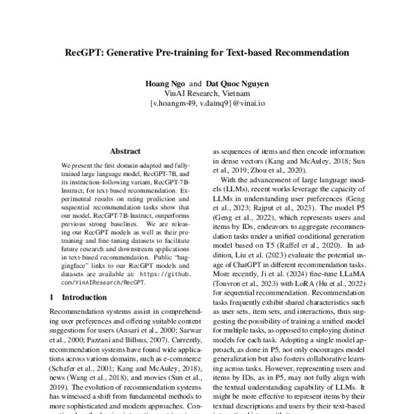 RecGPT: Generative Pre-training for Text-based Recommendation - ACL ...