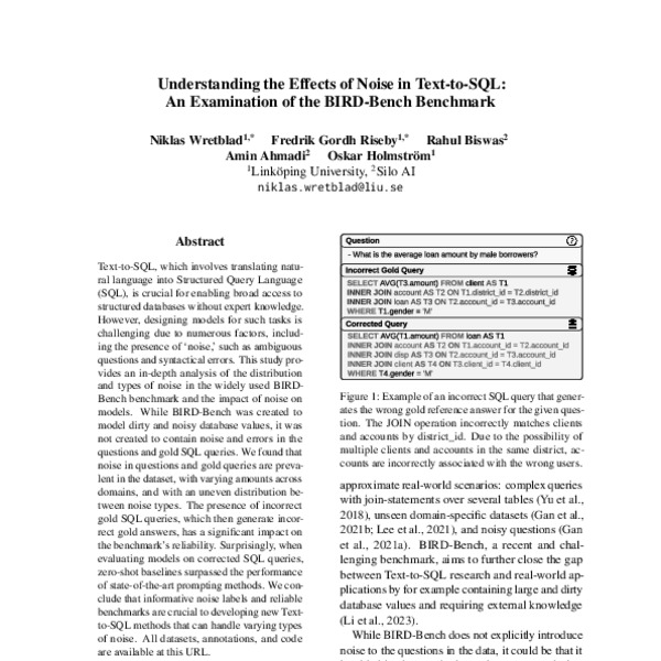 Understanding the Effects of Noise in Text-to-SQL: An Examination of the BIRD-Bench Benchmark ...