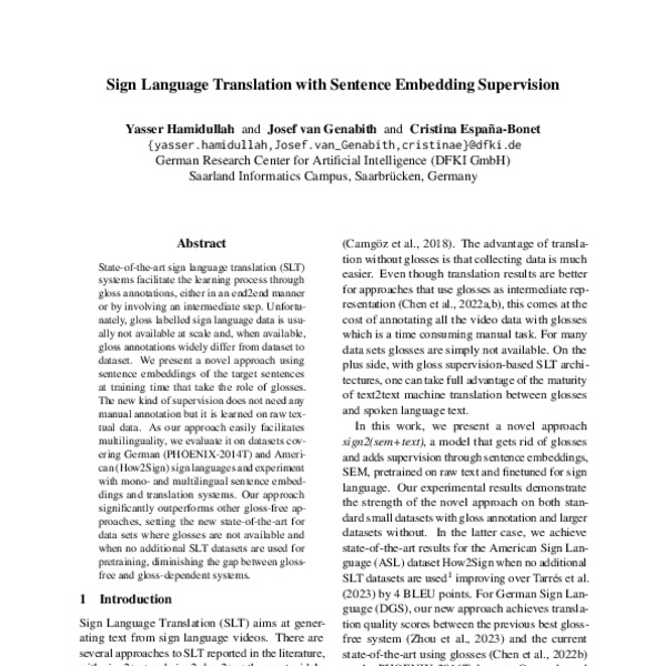 Sign Language Translation with Sentence Embedding Supervision - ACL ...