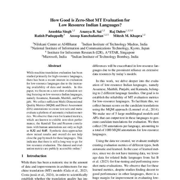 How Good is Zero-Shot MT Evaluation for Low Resource Indian Languages ...