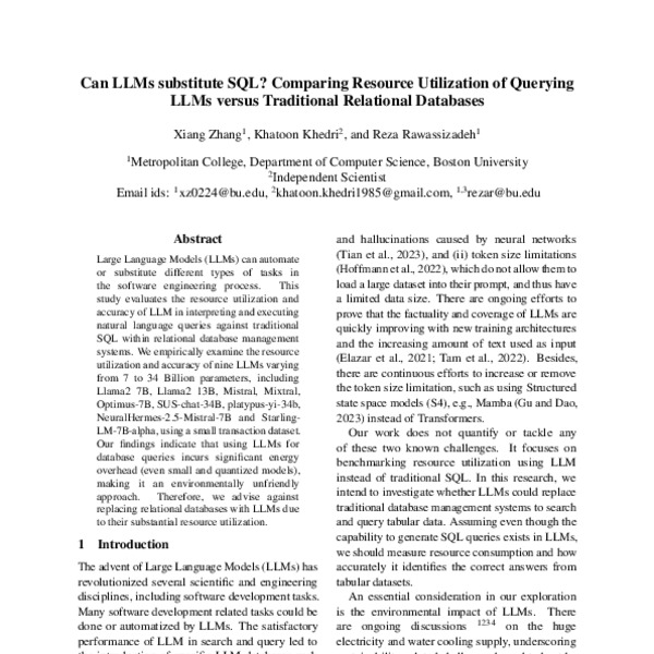 Can Llms Substitute Sql Comparing Resource Utilization Of Querying Llms Versus Traditional