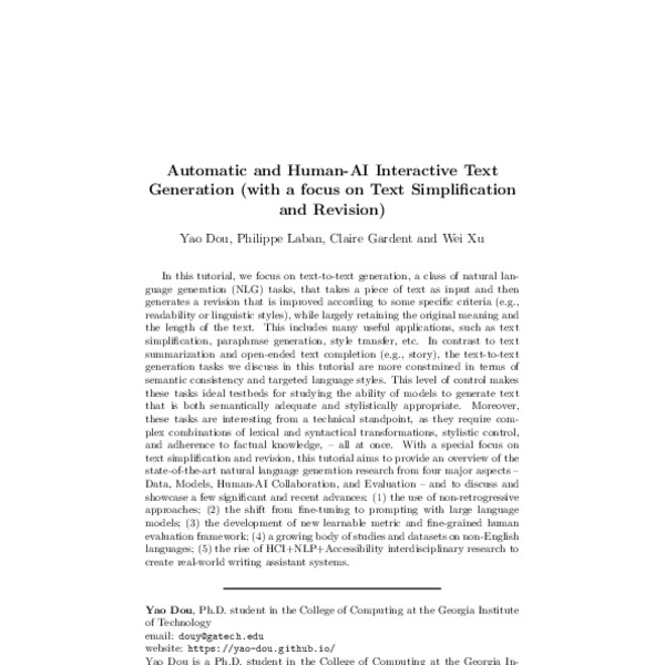Automatic and Human-AI Interactive Text Generation (with a focus on ...